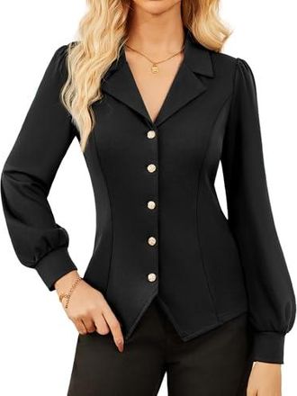 Grace Karin Chemisier &agrave; boutons pour femme - Chemisier &eacute;l&eacute;gant taille cintr&eacute;e - Chemisier avec col &agrave; revers classique, Noir, M