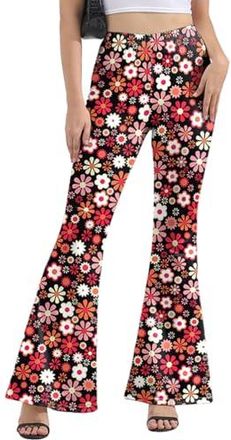 Minetom Femme Taille Haute Pantalon Patte delephant Bootcut Flare Évasé Pants Imprimé Années 70 Carnaval Hippie Disco Costume C Noir XL
