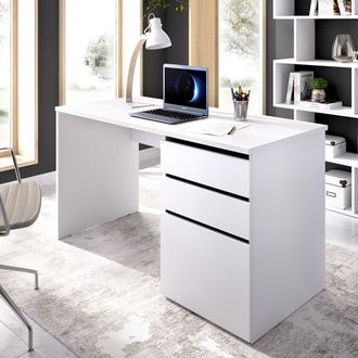 Dmora Schreibtisch Lagoni, Mehrzweckschreibtisch f&uuml;r B&uuml;ro oder Schlafzimmer, linearer Arbeitstisch mit 2 Schubladen und 1 T&uuml;r, 139 x 60 x 75 cm, Wei&szlig;