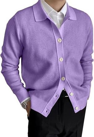 Generic Cardigan pour homme avec boutons et col en V, chandails tricotés légers et décontractés à col à revers et manches longues, violet, M