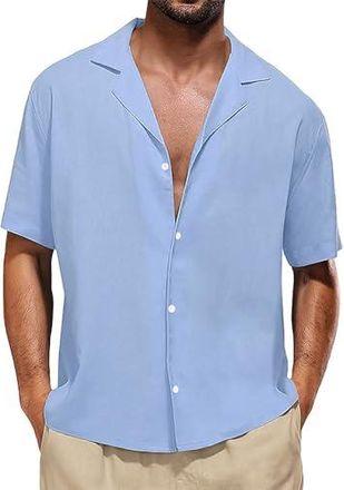 Generic Chemise en coton et lin pour homme Henley Gym Tops d&eacute;contract&eacute;s et &agrave; la mode couleur unie revers ample manches courtes coton lin chemise respirante tu