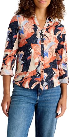 White Stuff Annie Bedrucktes Glitzer Hemd - Dreiviertelarm, Kragen, Normale Passform aus Baumwollmischgewebe - Marineblau Druck - Größe 44