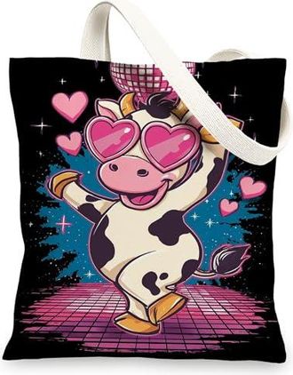 Generic Sac fourre-tout en toile de vache mignonne, motif animal de dessin animé, sacs dépicerie réutilisables, élégants, légers et lavables avec bandoulière,