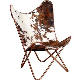 vidaXL Vidaxl - Chaise papillon en cuir de vachette marron et blanc - Dossier incurv&eacute; pour confort - Armature en fer robuste - Dimensions 74x66x90 cm