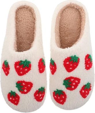 Beaupretty Pantoufles DIntérieur pour Femmes Chaudes et Moelleuses Motif Fraise Floral Taille 40-41 Doublure en Coton Absorbant LHumidité Semelle Antidérapante L