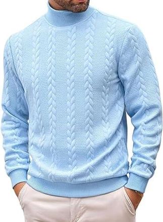 Generic Pull &agrave; col roul&eacute; pour homme, pull tricot&eacute; jacquard &agrave; manches longues, pull d&eacute;contract&eacute; de couleur unie, pull slim fit, bleu, XL