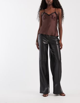 Only Pantalon large en imitation cuir noir