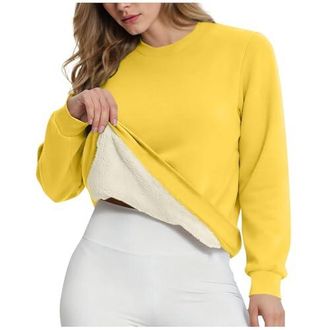 Generic Pull Femme Hiver Chic et &eacute;l&eacute;gant Couleur Unie D&eacute;contract&eacute; Sweatshirts col Rond Ample Pullover Mode Manche Longue Pull Femme Chaud Doubl&eacute; Tops Jaune
