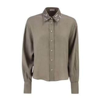 Brunello Cucinelli Hemdkragen mit Perlenstickerei aus Leinen - - Blouses & Shirts - Damen - Gr&uuml;n - S
