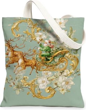 Generic Sacs fourre-tout en toile &agrave; motif floral de No&euml;l, motif tra&icirc;neau de renne vintage, sacs d&eacute;picerie r&eacute;utilisables, &eacute;l&eacute;gants, l&eacute;gers et lavables, vert, 1