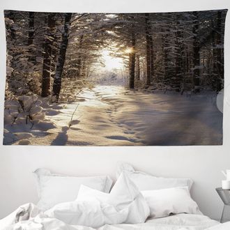 Abakuhaus Winter Wandteppich und Tagesdecke, Weihnachten Schnee Wald aus Weiches Mikrofaser Stoff Waschbar ohne Verblassen Digitaldruck, 230 x 140 cm, Hellgelb 