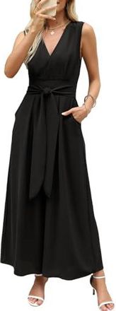 Cupshe Combinaison longue dété élégante pour femme avec col en V profond sans manches et ceinture smockée et jambes larges, Noir, XL