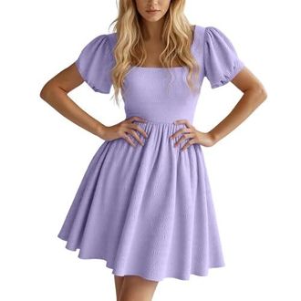 Generic Robe d&eacute;t&eacute; pour femme - Robe courte trap&egrave;ze avec col carr&eacute; et manches bouffantes, lilas, XXL