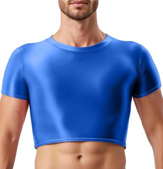 Feoya Herren Glänzende Oberteil Öl Tank Top Workout Muskelshirts Kurzarm Roundhals T-Shirt Disco Nachtclub Unterhemd Dessous Clubwear für Training Gym Blau 