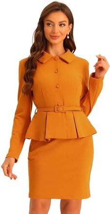 Allegra K Ensemble de Costumes daffaires 2 Pièces Femme Col Claudine Veste Blazer Péplum À Basque Et Jupe Courte Crayon Orange Sombre S