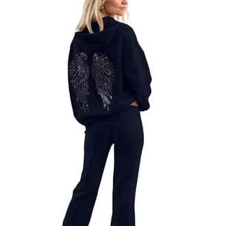 Generic Surv&ecirc;tement pour Femme - Ensemble 2 pi&egrave;ces pour Femme - &Eacute;l&eacute;gant et Douillet - avec Paillettes - Ailes dange - Ensemble 2 pi&egrave;ces avec Sweat &agrave; Capuche e
