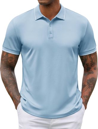 Coofandy Poloshirt Herren Kurzarm Sommer Business Poloshirt Männer Einfarbig Polohemd Golf Shirt Polo Tshirt Slim Fit Sport Shirt Hellblau XXL