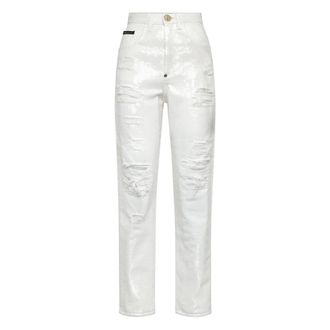 Philipp Plein Femme, Jeans, Blanc, Taille: W31 Pantalon en denim coupe Mom avec cristaux