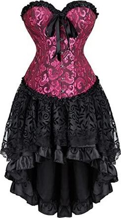 Grebrafan Corset Femme et Jupe Tulle Deguisement Halloween Bustier (EUR(40-42) 2XL, Noir Rose)