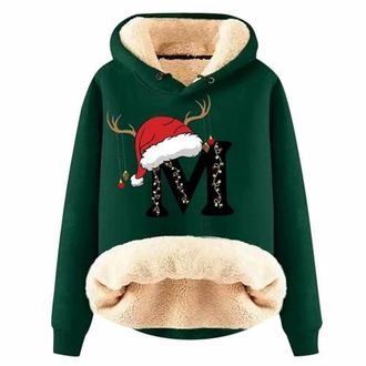 Generic Sweat &agrave; capuche en laine pour femme avec lettres de No&euml;l imprim&eacute;es dans le dos en laine chaude pour lhiver 2026, vert fonc&eacute;, 5XL