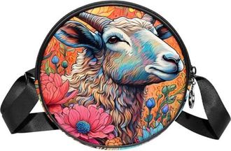 Generic Petit sac &agrave; bandouli&egrave;re rond pour femme, motif mouton color&eacute; avec fermeture &eacute;clair, bretelles r&eacute;glables, sac &agrave; main rond d&eacute;contract&eacute; pour femmes et fi