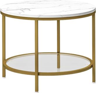 HOMCOM Homcom - Table basse ronde dia. 60 cm avec &eacute;tag&egrave;re verre tremp&eacute; m&eacute;tal dor&eacute; plateau effet marbre blanc
