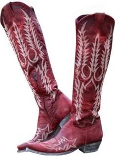 Generic Bottes de cowboy extra larges brodées mi-mollet pour femme - Bottes de cowgirl à talon bas - Bottes western en cuir - Confortables - Talon épais - Bou