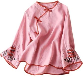 Generic T-shirt pour femme printemps nouveau style ethnique r&eacute;tro temp&eacute;rament broderie ample et confortable Chemise fine &agrave; manches longues Top, Rose, XXL