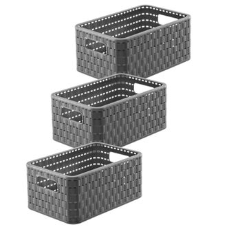 Rotho Country 3er-Set Aufbewahrungsbox 6l in Rattan-Optik, Kunststoff (PP) BPA-frei, anthrazit, 3 x A5/6l (28 x 18.5 x 12.6 cm)