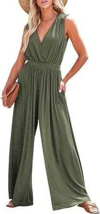 Onsoyours Combinaison Femme Élégant Festif Long Overall Sans Manches Jumpsuit Décontractée Taille Haute Jambes Larges Pantalon Business Romper De Vacances Plage