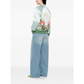 Valentino Womens Bomber Jacket Silk Floral Embroidery Blue Outer