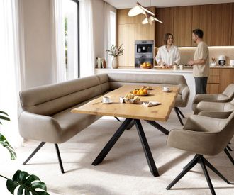 DELIFE Esszimmerbank Taya-Flex 285x190 cm Mikrofaser Beige Vintage Kreuzgestell kantig Schwarz Taschenfederkern Links, Eckb&auml;nke