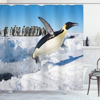 Abakuhaus Pinguin Duschvorhang, Detaillierte Arctic Foto, Stoffliches Gewebe Badezimmerdekorationsset mit Haken, 175 x 180 cm, Blau Hellgrau