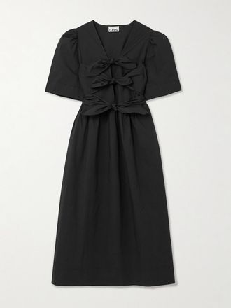 Ganni Midikleid Aus Stretch-baumwollpopeline Mit Bindegürtel Und Schleifen - Schwarz