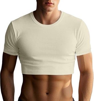Generic Crop Top pour homme - Ventre nu - Manches courtes - T-shirt de fitness respirant - V&ecirc;tement de bodybuilding - Yoga - T-shirt de sport - Col rond - Cou