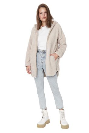 Trendyol Trendyol Womens Damen Modest Regular Basic Plain Webstoff Winterjacke Coat, Stone, L