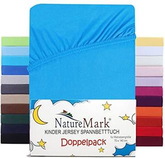 NatureMark Lot de 2 draps-housses pour enfant - 70 x 140 cm - Jersey doux, 100 % coton - Pour lit de b&eacute;b&eacute; et lit denfant - Turquoise