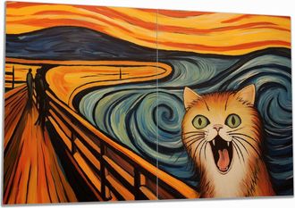 Wallario Herdabdeckplatte/Spritzschutz aus Glas, 2-teilig, 80x52cm mit 8 mm hohen Füßen, für Ceran- und Induktionsherde, Der Schrei der Katze