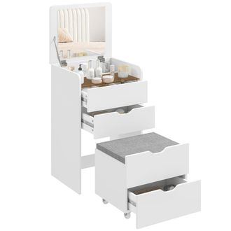 HOMCOM 3-in-1 Schminkstation mit klappbarem Spiegel, Schminkhocker, Schminkstation mit gepolstertem Hocker auf R&auml;dern, 3 Schubladen, Klarglasplatte, Aufbewah