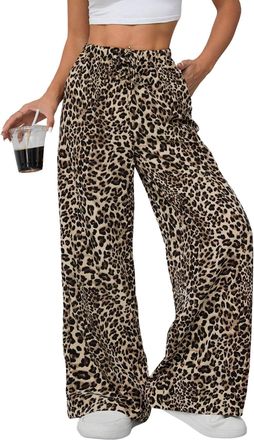 SOLY HUX Damen Hosen Y2K Weites Bein Freizeithose mit Leoprint Stoffhose mit Taschen Hohe Bund Geradehose Jogginghose Casualhose Herbst Outfit Leoparden L