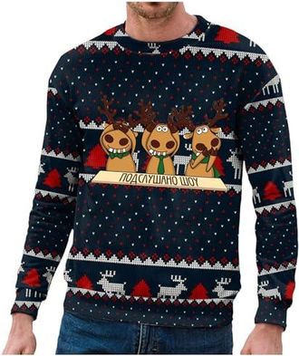 Generic Sweat-shirt de Noël pour homme Motif Père Noël moche amusant imprimé 3D fantaisie pull de Noël décontracté à manches longues col rond festival vacance