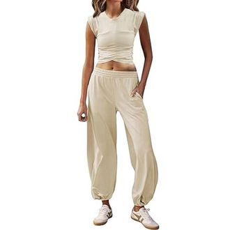 Generic Ensemble de surv&ecirc;tement pour femme automne 2026 - Deux tenues &agrave; manches longues et col rond - Haut et pantalon long - Surv&ecirc;tement de loisirs, blanc, X