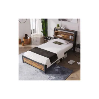 Liberte Lit simple en m&eacute;tal dadolescent 90 x 200 cm avec t&ecirc;te de lit avec rangement et sommier &agrave; lattes, Cadre de lit en m&eacute;tal et bois, noir