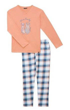 Arthur Pyjama Homme, Ensemble Manches Longues et Pantalon - 100% Coton Bio Chaud et Doux pour lhiver - Motif Famille Carreaux Orange - Taille L