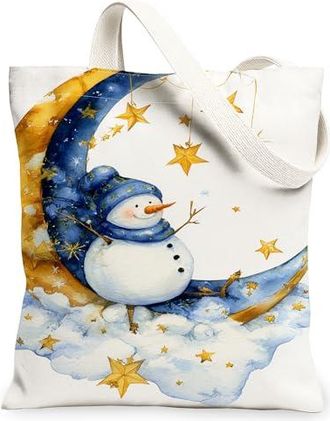 Generic Sacs fourre-tout fantaisistes en toile, motif bonhomme de neige et lune, sacs d&eacute;picerie r&eacute;utilisables, festifs, l&eacute;gers et lavables en toile pour le sh