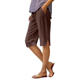 Generic Jupe-short d&eacute;t&eacute; en lin m&eacute;lang&eacute; pour femme, longueur genou, taille &eacute;lastique, jambes larges, avec poches et fentes lat&eacute;rales, pantalon court d&eacute;contract