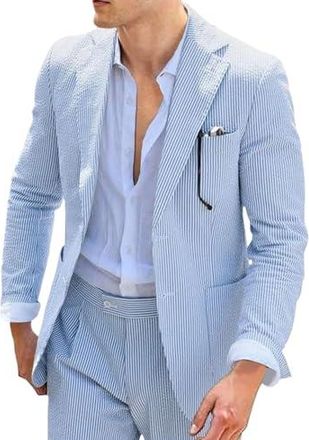 Generic Sear Costume d&eacute;t&eacute; 2 pi&egrave;ces &agrave; rayures pour homme Coupe ajust&eacute;e, bleu clair, XXL