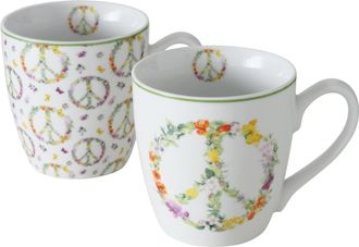 Boltze 2 x Jumbobecher Hippie Keramik 480 ml, Kaffeetasse, Teetasse PEACE Blumen