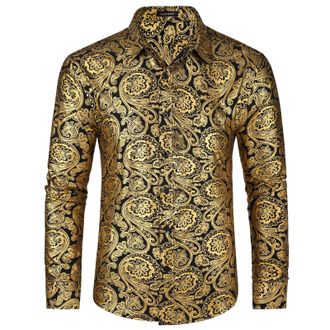 Hisdern Herren Satinhemden Langarm Gold Federdruck Glänzendes Hemd Lässige Mode Luxus Blumenhemden für Party Prom Gold M