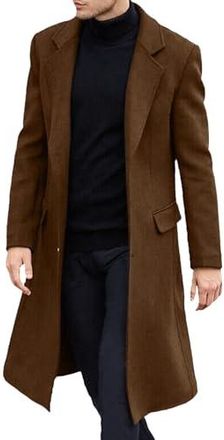 Generic Manteau long d&eacute;contract&eacute; &agrave; col crant&eacute; pour homme, coupe ajust&eacute;e, long manteau thermique &agrave; simple boutonnage, marron, XXL